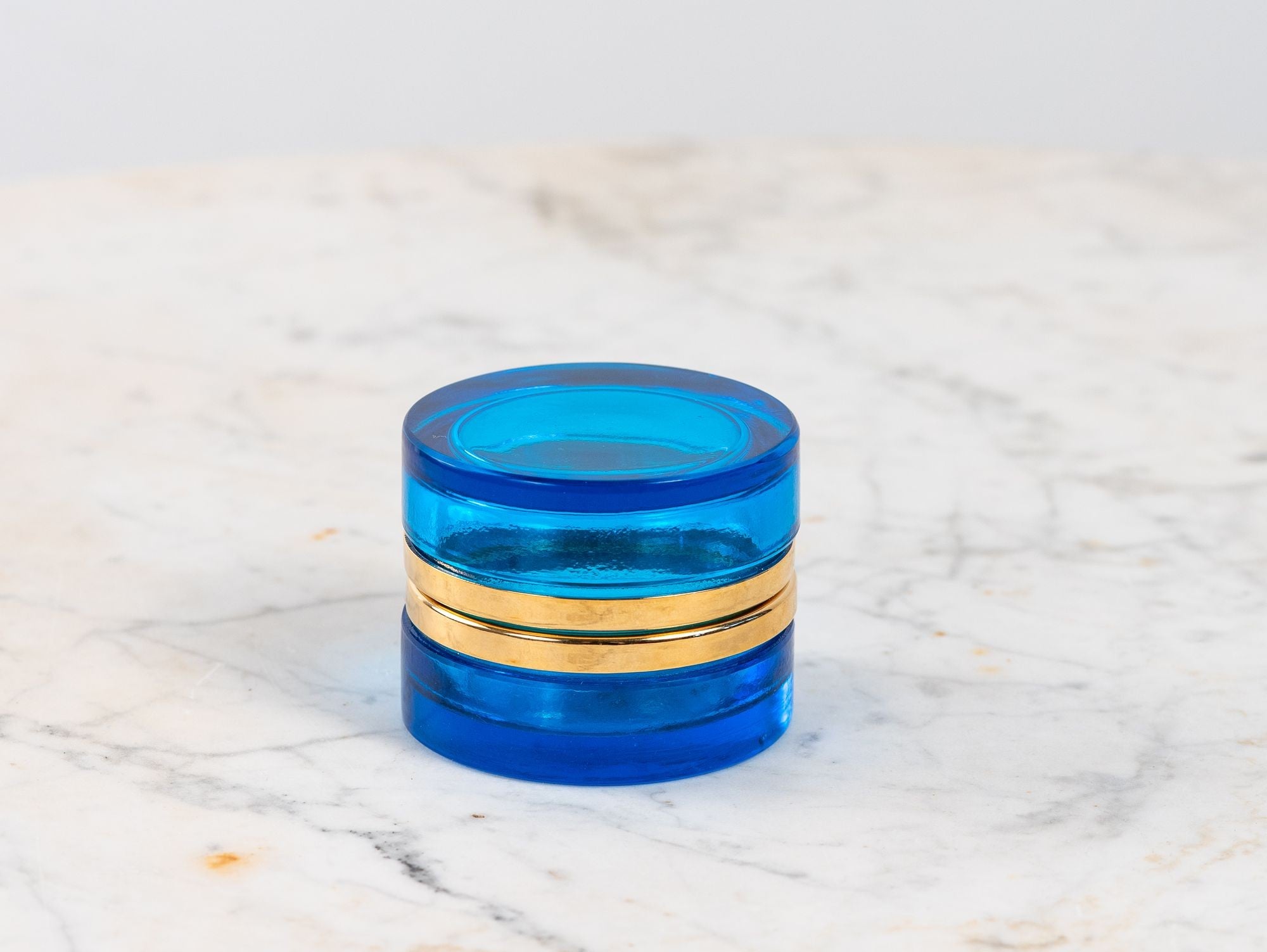 Sapphire Blue Round Glass Box with Polished Bronze Mount, France Early ...